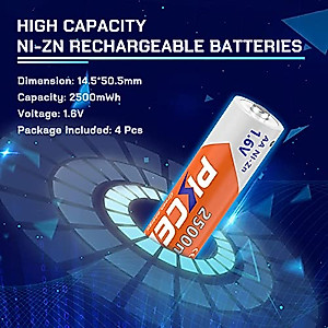 PKCELL Rechargeable AA Batteries NiZn Double A 1.6V 2500mWh Battery- 4Count for Thermometer Cameras Power
