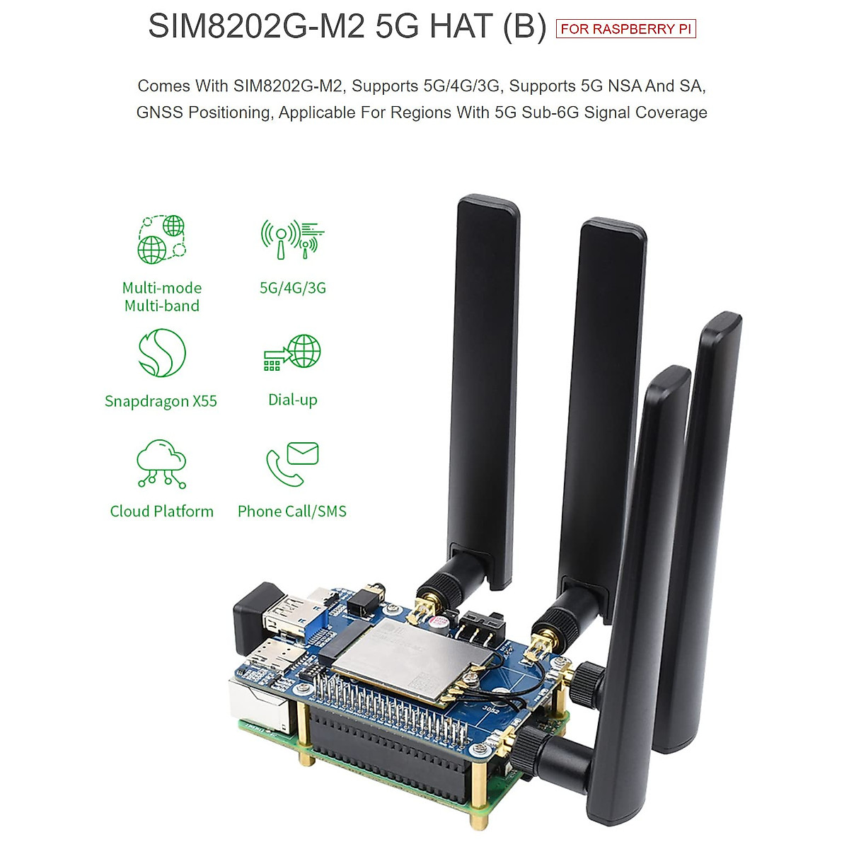 Coolwell SIM8202G-M2 5G HAT for Raspberry Pi/Ardui, Quad Antennas Support 5G NSA and SA Networking, 5G/4G/3G Compatible, Multi-Mode & Multi-Band