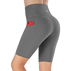 Ewedoos Biker Shorts Women Tummy Control Workout Shorts with 3 Pockets High Waisted Compression Gym Running Yoga Shorts Women Gray