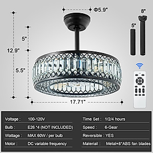 Modern Black Crystasl Ceiling Fan with Light, Caged 18" Bladeless Ceiling Fan with Remote Control, 6 Speed Low Profile Enclosed Ceiling Fan with Reversible Motor for Bedroom Kitchen Living Room