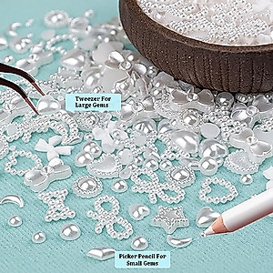 600Pcs 3D Multi Shapes Nail Charms and Flatback Pearls, White Mix Styles Heart Star Bow Sunflower Embellishments for Nail Art, Craft and Decoration with Glue Gel, Tweezer and Pickup Pencil