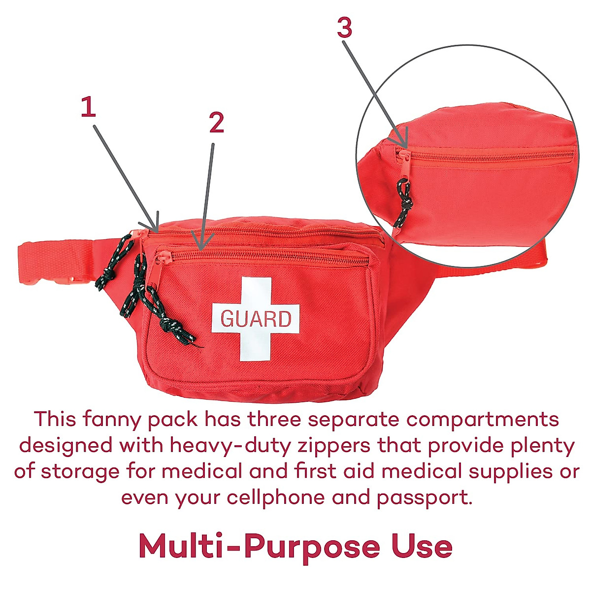 Dealmed Lifeguard Fanny Pack with Logo, E-Z Zipper Design and 3 Pockets, Red Fanny Pack (Pack of 1), Includes Adjustable Waist Strap and Zipper Pockets