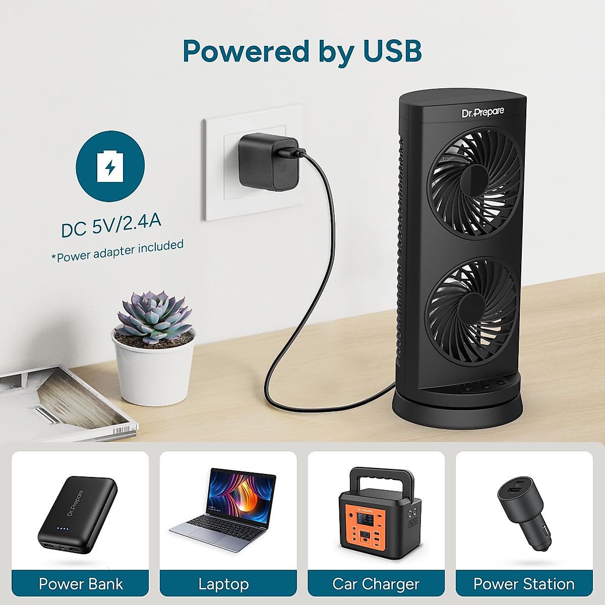 Dr. Prepare Desk Fan Oscillating Fan, Tower Fan with DC Motor for Home Bedroom, 3-Speed Options, Dual Air Circulation, 110° Oscillation, 3 Timers, Personal Quiet Table Fan for Home Office Desktop