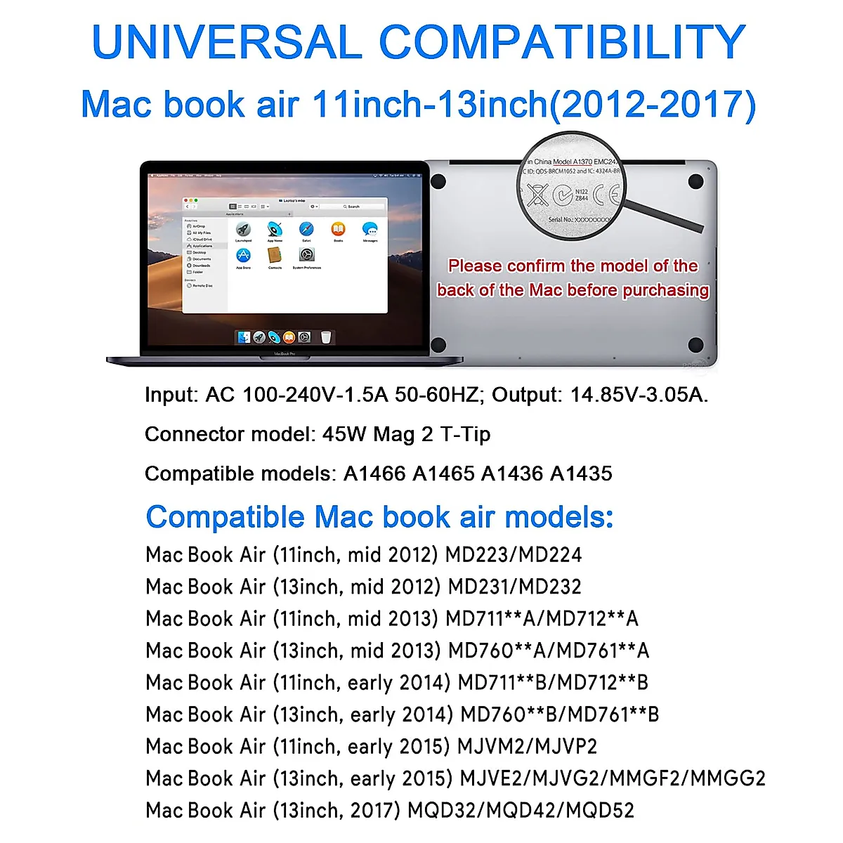 Replacement Mac Book Air Charger 45W T-Tip AC Shape Connector Power Adapter Charger for Mac Book Air 11 inch and 13 inch After Mid 2012