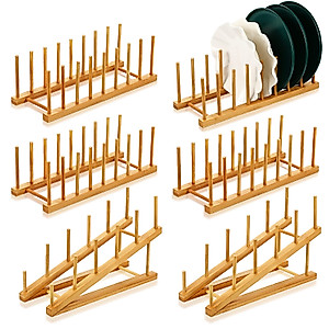 6 Pcs Bamboo Dish Rack 8 Slots Wooden Plates Rack Drying Organizer for Cabinet Classroom Book Organize Pot Lid Holder Bowl Cup Cutting Board Wood Display Stand for Kitchen Cabinet Storage Organizer