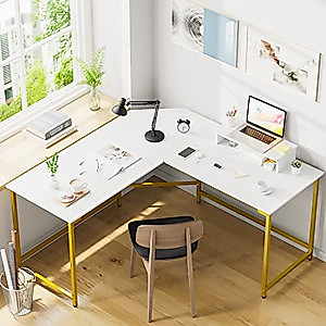 Elephance 59" L Shaped Desk Corner Computer Desk Gaming Table with Monitor Stand Workstation for Home Office (Large, White+ Gold Frame)