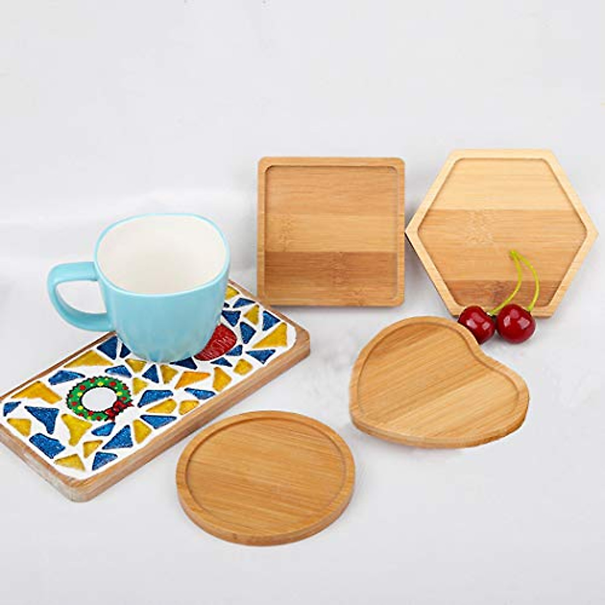 JUSTDOLIFE 5PCS Bamboo Tray Set Assorted Cup Coaster Succulent Pot Tray Mosaic Coaster Base DIY Craft (Burlywood 1)