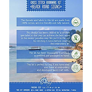 Beach Signs Cross Stitch Bookmark - Coastal Wood Signs Embroidery Set with Paper Pattern, 16 Count Aida Cloth and Pre-Sorted Floss