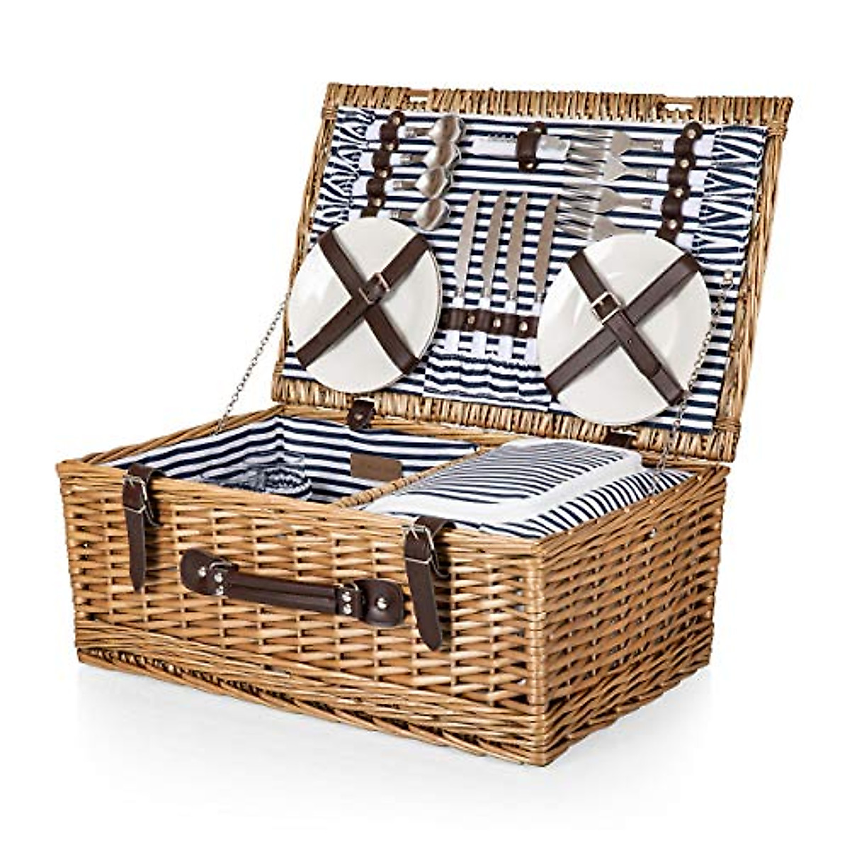 PICNIC TIME Belmont Picnic Basket for 4 - Wicker Picnic Baskets - 4 Person Picnic Set, Navy Blue & White Stripes