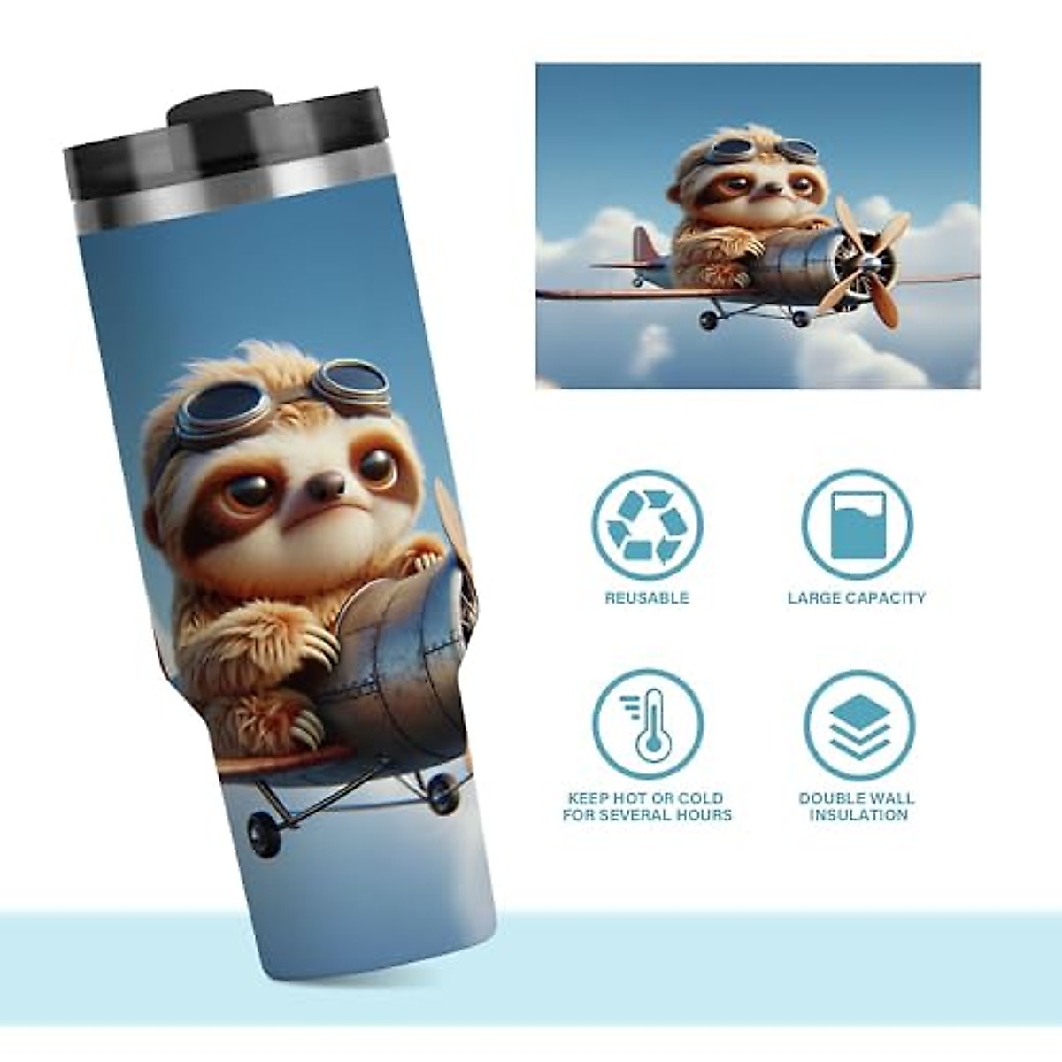 Exnundod 3d Sloth Driving Airplane Tumbler with Handle 40oz and Straw Insulated Tumblers Leak-proof Water Bottle for Car Travel