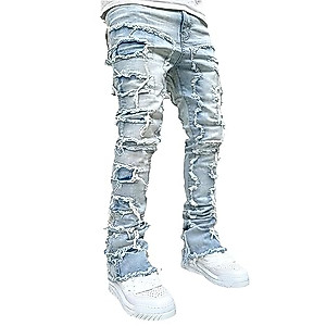 Giraropa Mens Black Stacked Jeans Slim Fit Skinny Ripped Jeans Destroyed Straight Denim Pants Harajuku Hip Hop Trousers Streetwear (Light Blue, S)