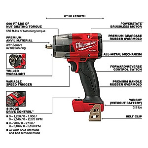 Milwaukee M18 18V Fuel 3/8'' Brushless Cordless Mid-Torque Compact Impact Wrench Bare Tool + Accessories, Black & Red
