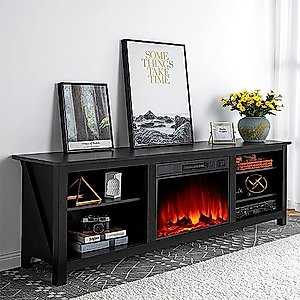 AMERLIFE Fireplace TV Stand, Wood Texture Entertainment Center with 23'' Electric Fireplace, Farmhouse Entertainment Stand Media TV Console for TVs Up to 80'', 70 inches, Black