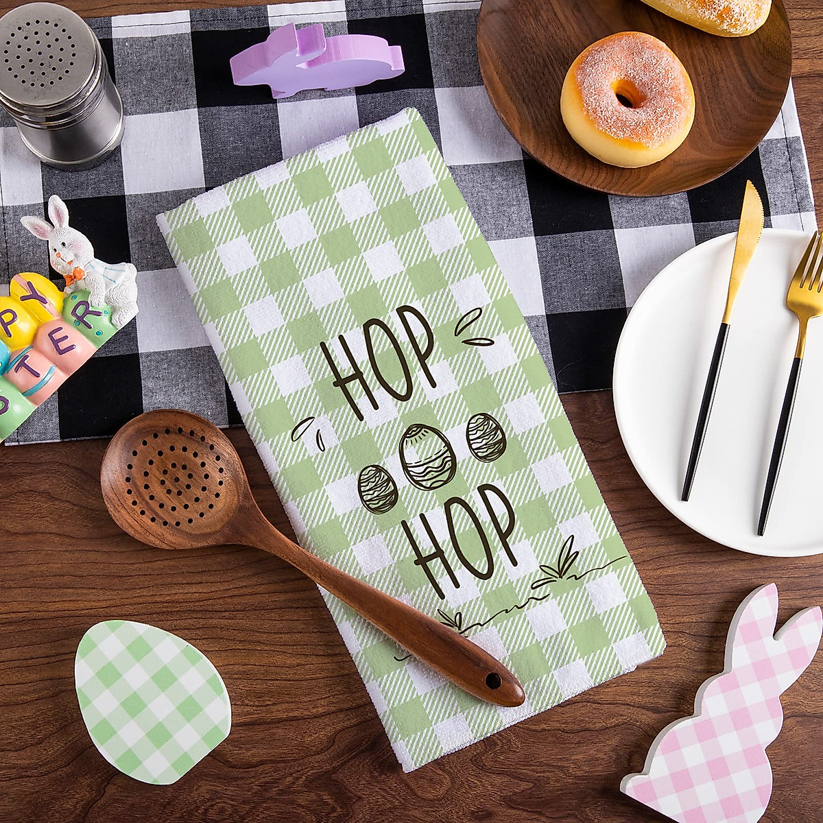 AnyDesign Easter Kitchen Towel 18 x 28 Green White Buffalo Plaids Dishcloth Easter Bunny Rabbit Gnome Cloth Tea Towel Spring Decorative Hand Towel for Bathroom Kitchen Home Cooking Baking, 4Pcs