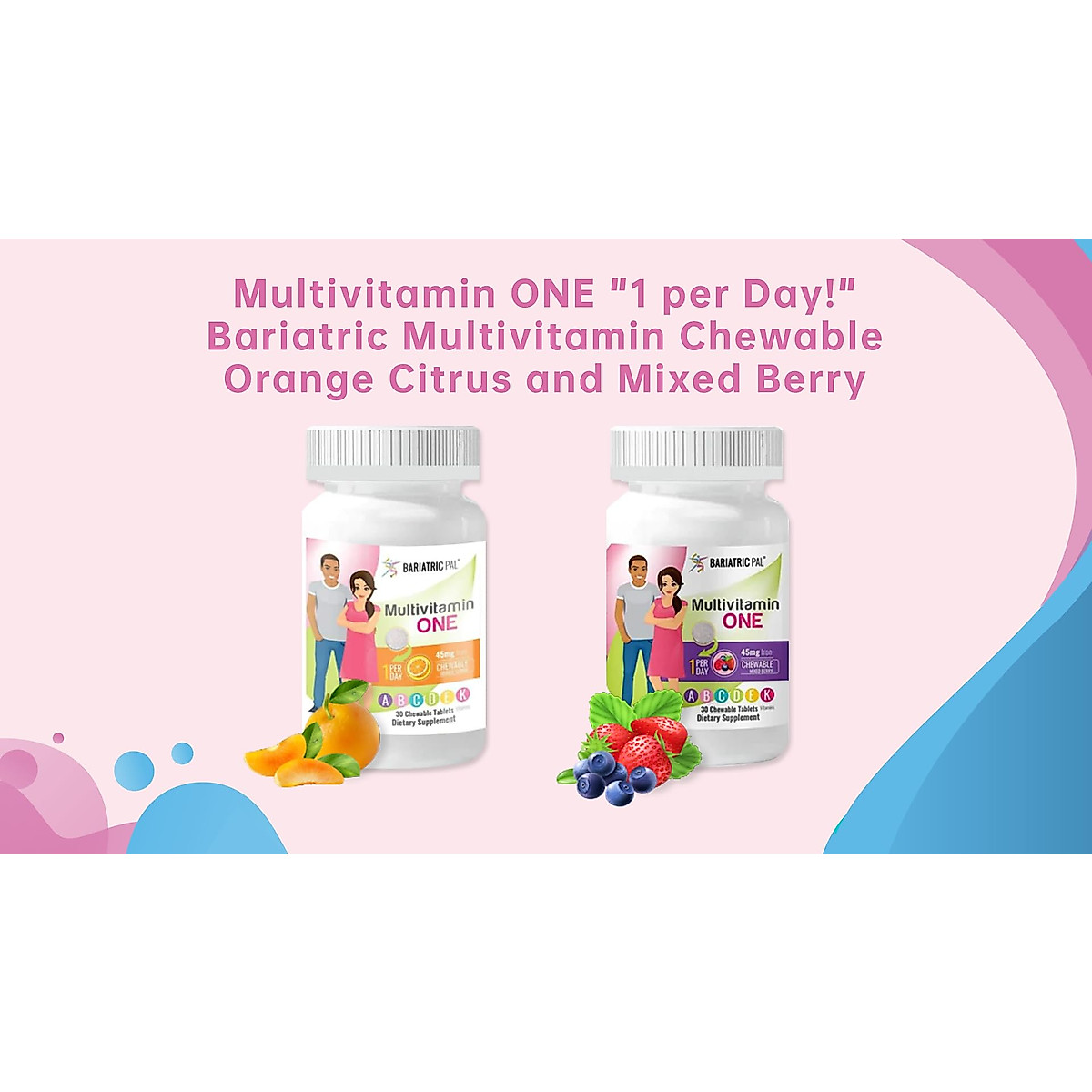 BariatricPal Multivitamin ONE 1 per Day! Bariatric Multivitamin Chewable with 45mg Iron - Mixed Berry (30 Count)