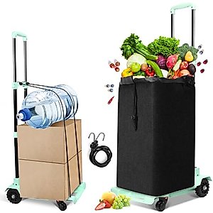 SELORSS 2-in-1 Foldable Hand Truck Utility Cart, Portable Grocery Shopping Cart with Wheels and Removable Waterproof Bag, Collapsible Lightweight Large Capacity for Supermarket, Laundry, Camping