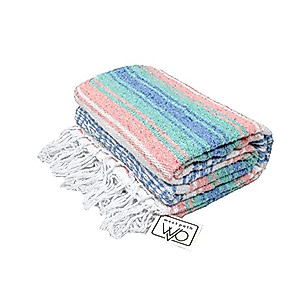 Open Road Goods Light Teal and Coral Mexican Blanket - Authentic Mexican Flasa - Great Yoga Blanket, Beach Blanket, Picnic Blanket, or Mexican Throw! Handwoven