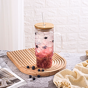 erichbow 32oz Ribbed Glass Cup with Handle Bamboo Lid and Straw, Glass Tumbler, Iced Coffee Cups Hot/Cold Drinks