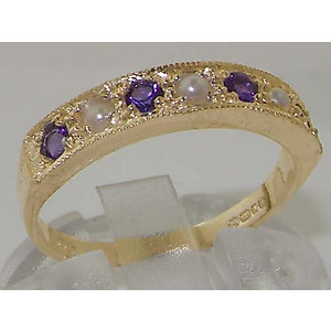 LetsBuyGold Solid 10k .417 Yellow Gold Cultured Pearl and Amethyst Womens Band Ring - Sizes 4 to 12 Available