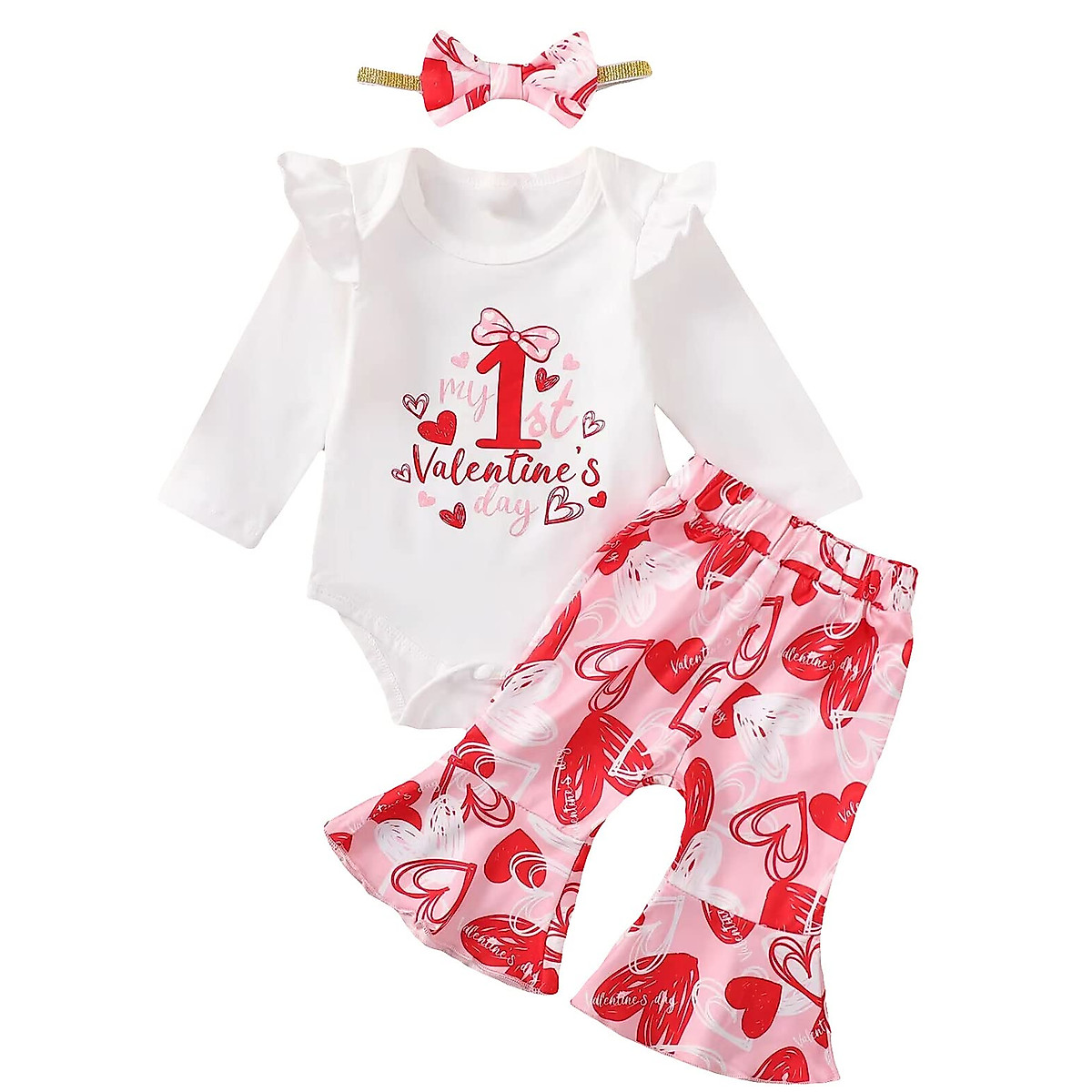 Aslaylme Newborn Girl Valentine Day Clothes Baby My 1st Valentine's Day Flare Pant Outfit (Red, 0-3 Months)