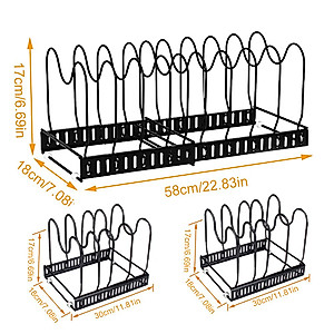 SUNFICON Pans Organizer Rack 2 Pack Pot Lids Holder Bakeware Platters Dishes Cutting Board Storage Stand 10 Adjustable Expandable Compartments Kitchen Countertop Pantry Cabinet, Black