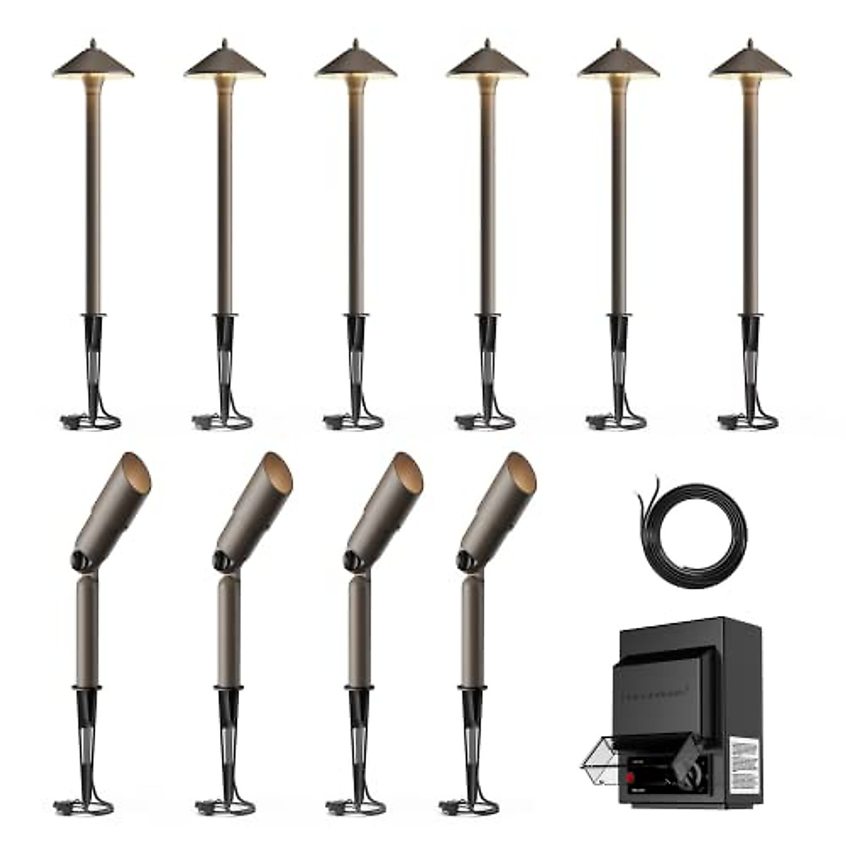 GOODSMANN 12V AC Landscape Lighting Kit with 6PCS 10W Bronze Halogen Pathway Lights & 4PCS Metal Material 20W Flooding Lights & 75Feet 16AWG Wire & 150W Outdoor Low Voltage Landscape Transformer