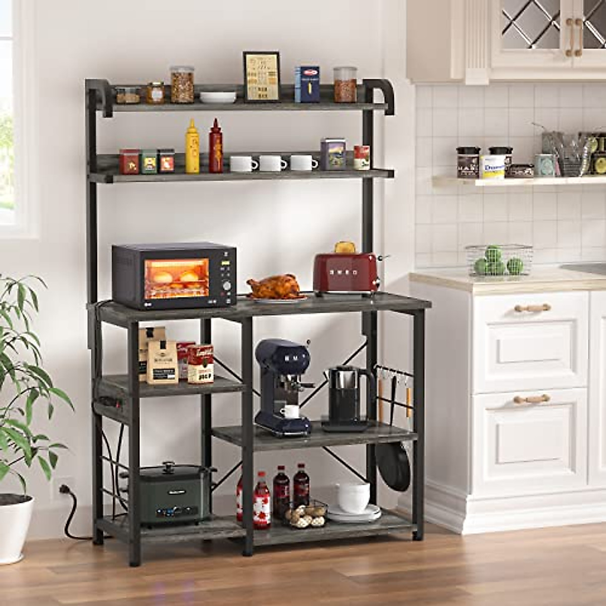 Topfurny Baker's Rack with Power Outlet, Coffee Station, Microwave Oven Stand, Kitchen Shelf, Microwave Cart, 7-Tier Microwave Stand or Coffee Bar Table Organizer, for Spice, Pots and Pans Organizer