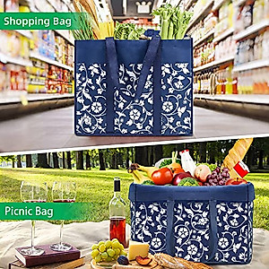 WOWBOX Reusable Grocery Bags Foldable Tote Bags Bulk with Reinforced Handles Shopping Bags for Groceries Heavy Duty Large Bags Kitchen Reusable Grocery Bags with Waterproof Coating 4-Pack, Blue