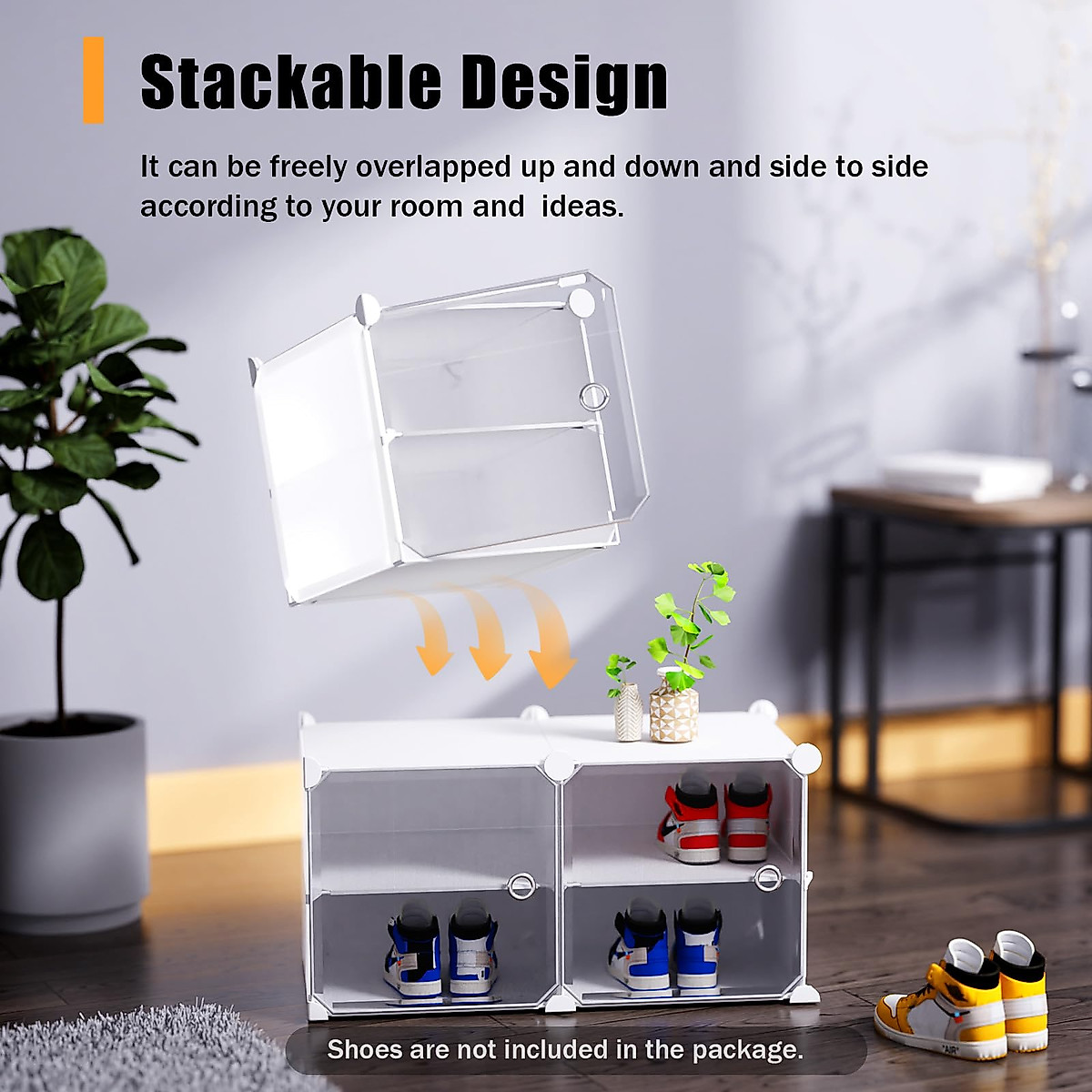 Gbonklong 3-Tier Home Shoes Storage Rack Organizer Stackable Shoes Cabinet Stand White, Plastic Adjustable Box Shelves Stackable Detachable Diy Standing for Bedroom, Utility Room, Living Room