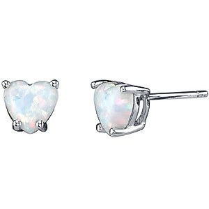 Peora 14K White Gold Created White Fire Opal Heart Stud Earrings for Women, Hypoallergenic Solitaire Studs, 6mm, 1 Carat total, October Birthstone, Friction Back