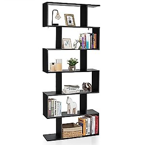 SILKYDRY 6 Tiered Geometric Bookcase, Unique S-Shaped Bookshelf, Tall Standing Room Divider Bookcases, Versatile Decorative Display Shelf for Bedroom Living Room Home Office (1, Black)