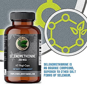 Selenium 200mcg Supplement - Selenomethionine - 60 v-caps by Pure Lab Vitamins - Gluten Free Made in Canada.