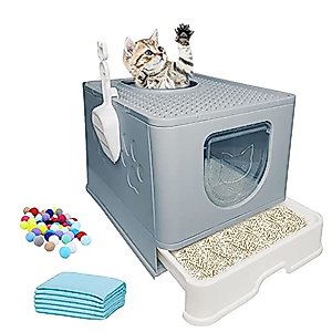 Hamiledyi Foldable Cat Litter Box with Lid, Large Litter Box with Drawer Enclosed Kitty Litter Pan, Top Entry Type Cat Potty with Plastic Scoop Anti-Splashing & No Smell Easy to Scoop (Blue)