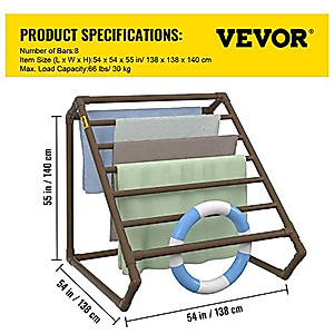 VEVOR Pool Towel Rack, 8 Bar, Brown, Freestanding Outdoor PVC Triangular Poolside Storage Organizer, Include 8 Towel Clips, Mesh Bag, Hook, Also Stores Floats and Paddles, for Beach, Swimming Pool