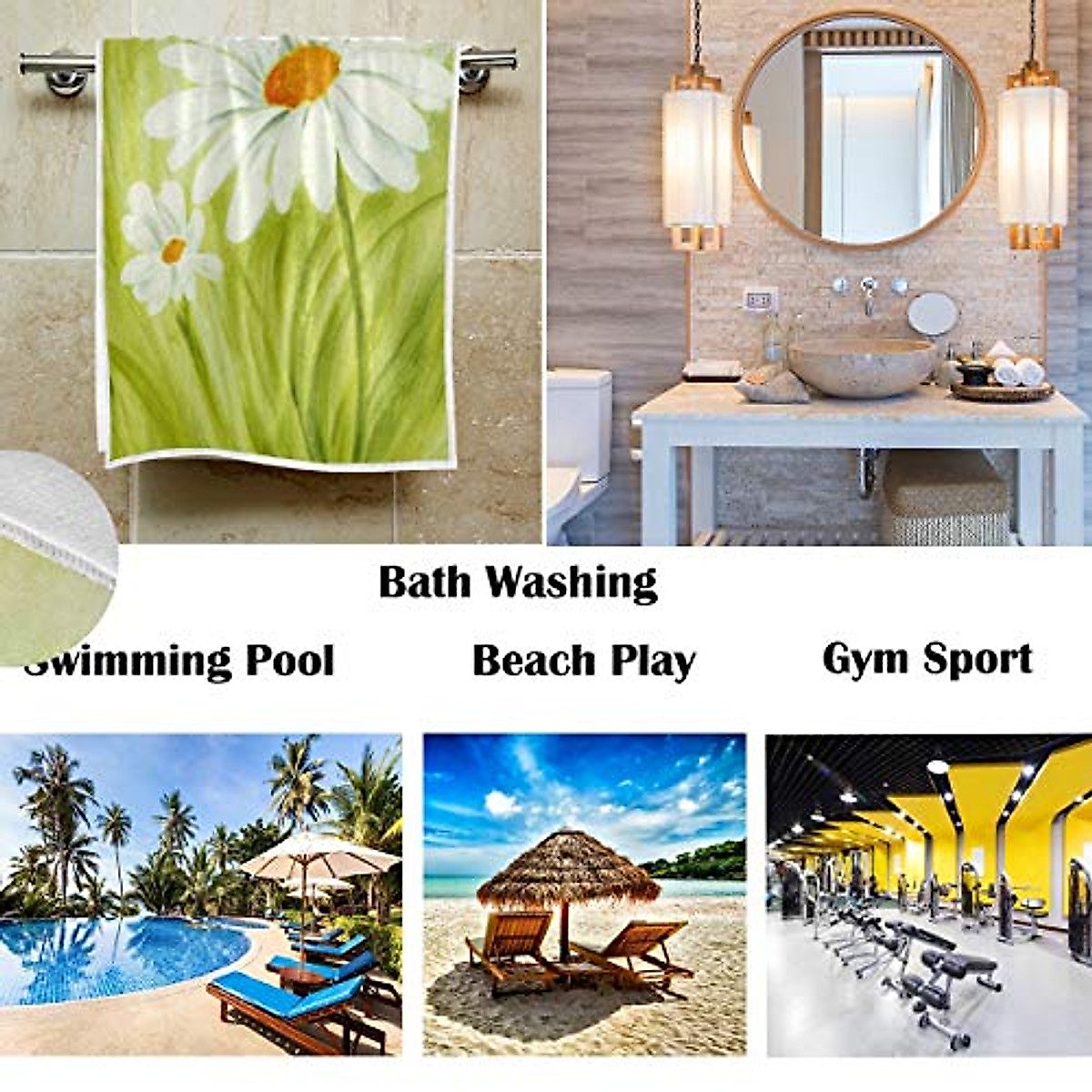 Pfrewn Daisy Flower Hand Towels 16x30 in Spring Summer Gerbera Floral Green Leaves Bathroom Towel Small Bath Towel Kitchen Dish Guest Towel Decorations for Hand Face Gym Spa Bathroom