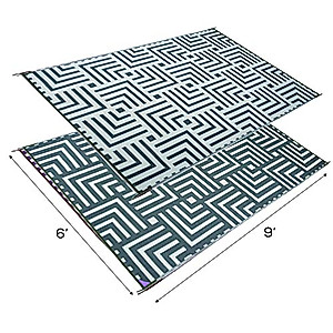 Stylish Camping 276094 6-feet by 9-feet Reversible Mat, Plastic Straw Rug, Large Floor Mat for Outdoors, RV, Patio, Backyard, Picnic, Beach, Camping - Geometric Mat (Olive Green/Beige)
