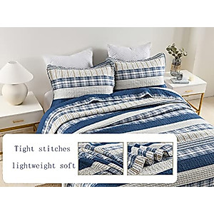 YUMIYUSHI Quilt Queen Size - Cotton Striped Queen Quilt Set,Navy Blue Tan White Plaid Queen Quilt Bedding Set ，Farmhouse Bedspreads Lightweight Reversible 3 Piece