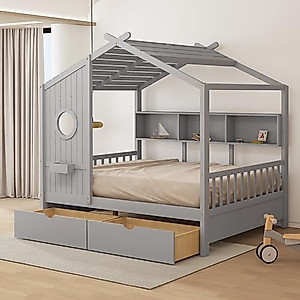 DEINPPA Full House Bed for Kids, Wooden Kids Bed with Storage Drawers and Bookshelf, Built in Window Box Design, Cute Bed for Kids Toddler Boys Girls-Grey