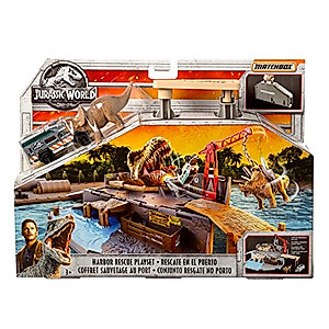 Jurassic World Toys Matchbox Harbor Rescue Playset, Dock, Ramps, Crane, Habitat Pen, Push Button Trigger, Triceratops Dino Action Figure, Off Road vehicle, Folds Up for Easy Storage, Portable