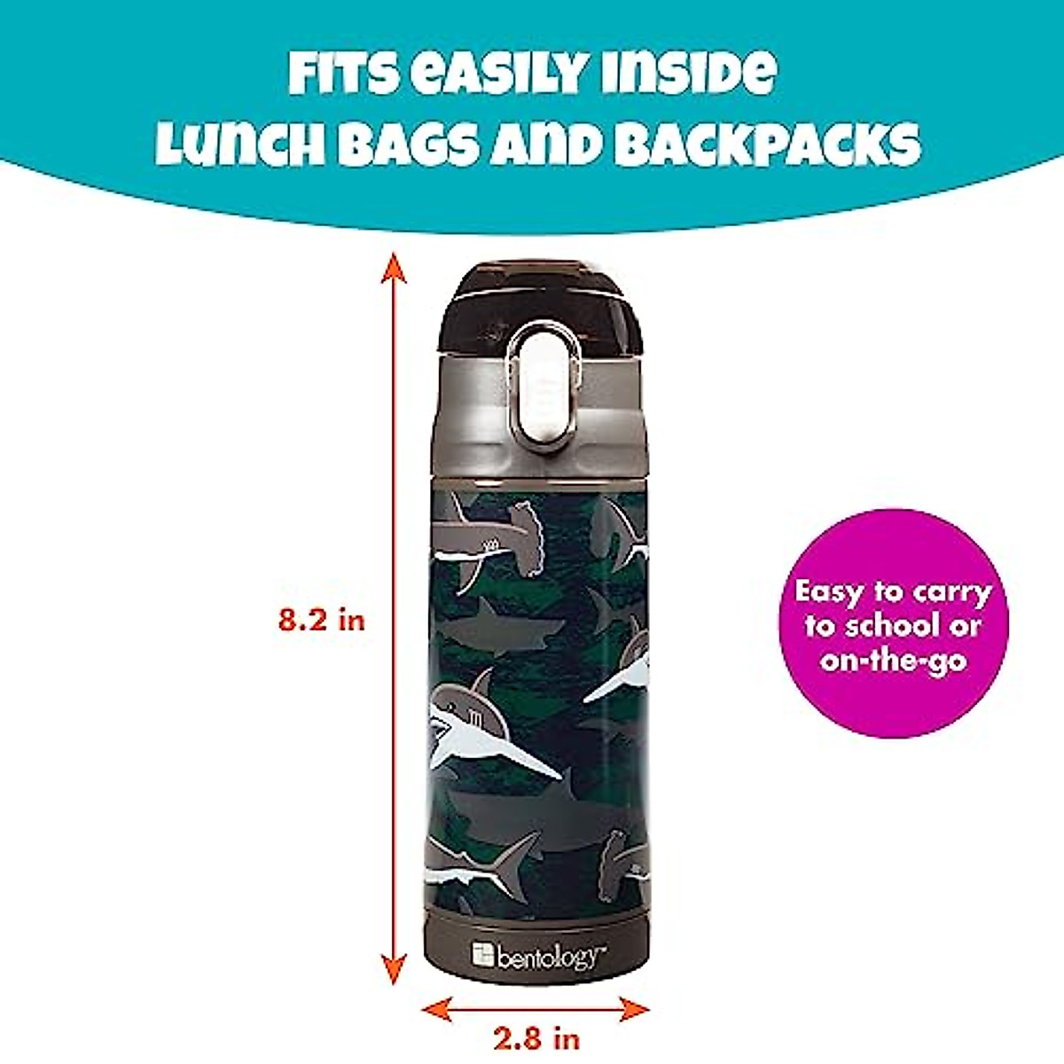 Bentology Stainless Steel 13 oz Shark Insulated Water Bottle for Boys - Easy to Use for Kids - Reusable Spill Proof BPA-Free, Fits in Most Lunch Boxes & Bags, Use for Summer Camp, Back to School
