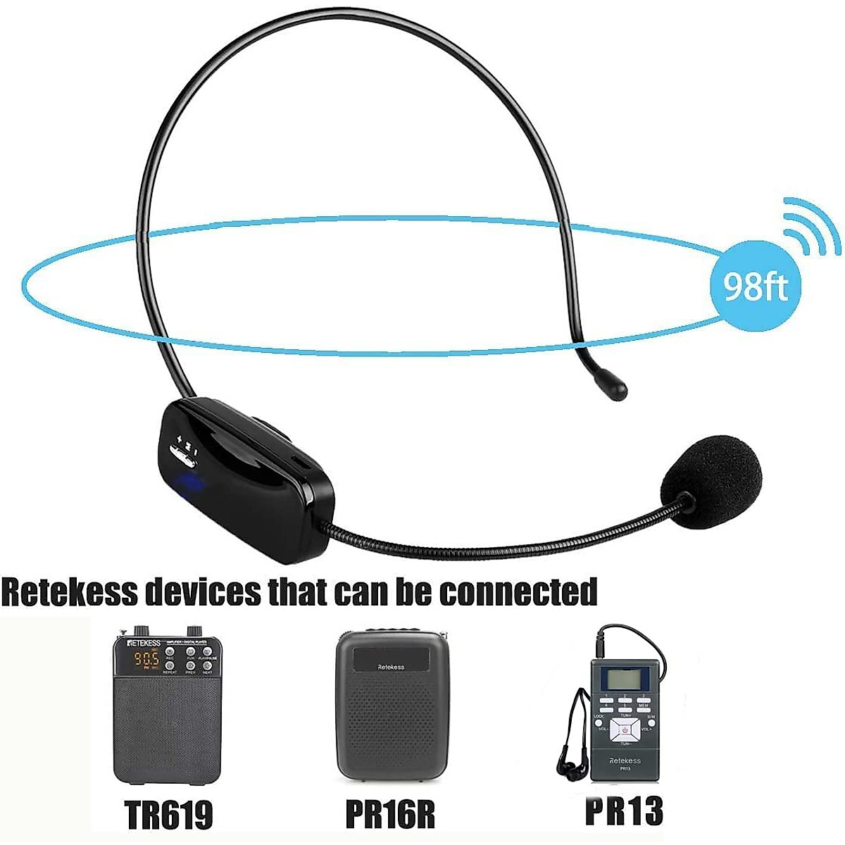 Retekess TR503 Wireless FM Microphone Headset, Hands-Free with Rechargeable Battery for Voice Amplifier, Church, Tour Guide, Teacher, Salesman, Conference, Karaoke (Black)