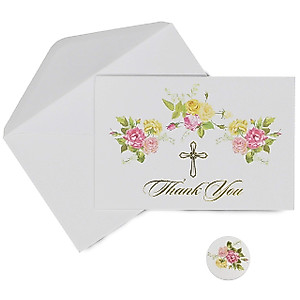25 Religious Thank You Cards with Envelopes | Baptism Thank you Cards | First Communion Thank You Cards | Floral Design with Gold Foil Cross | Matching Floral Envelope Sticker Included