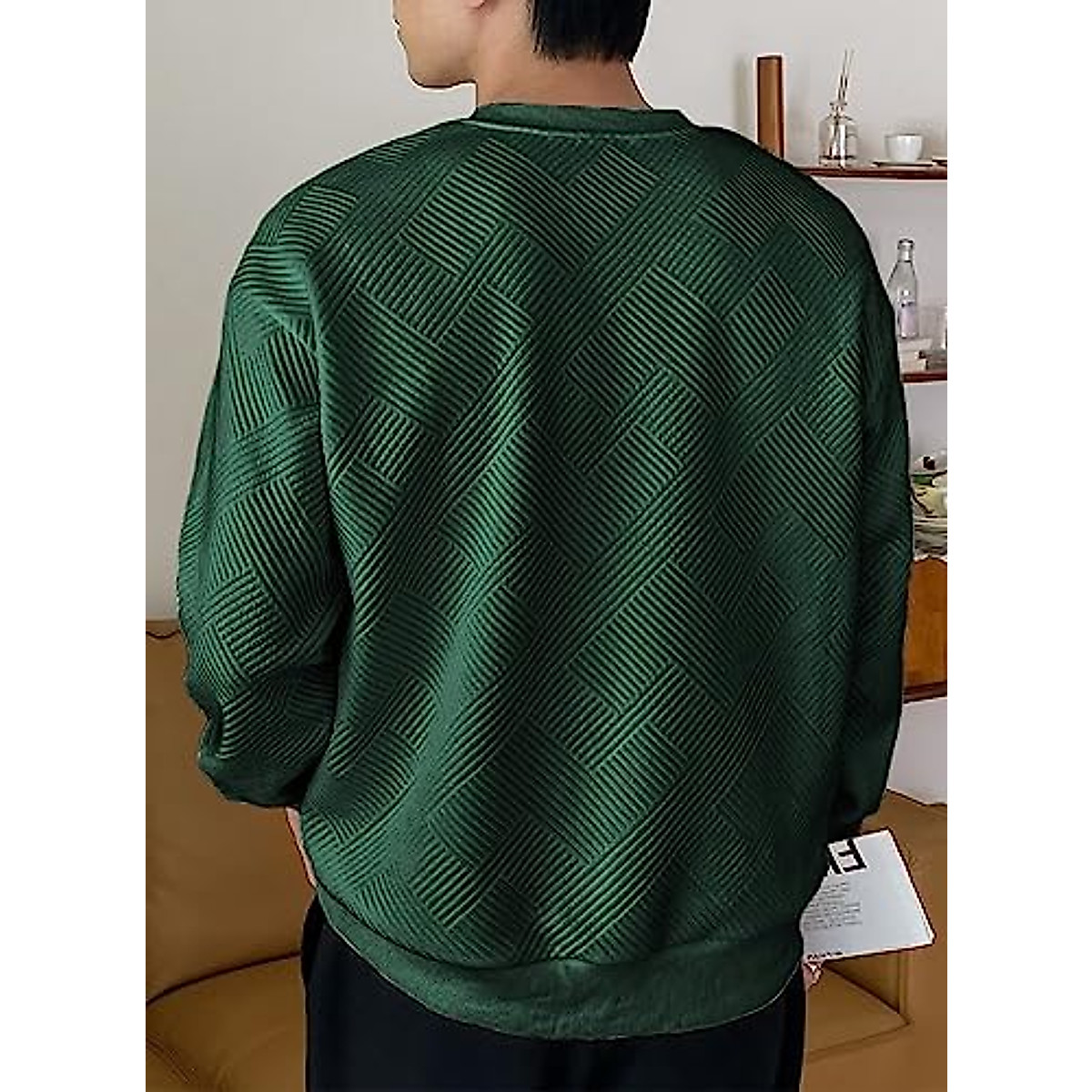 Dokotoo Men Mens Solid Color Crewneck Sweatshirt Lightweight Geometric Texture Long Sleeve Casual Pullover Sweatshirts Green Medium