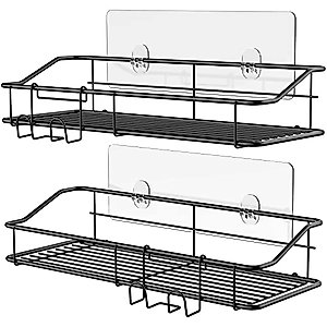 Nieifi Shower Caddy Shelf with Hooks Storage Rack Organizer Adhesive Stainless Steel Without Drilling for Bathroom, Lavatory, Washroom, Restroom, Shower, Toilet, Kitchen - 2 Pack (Black)