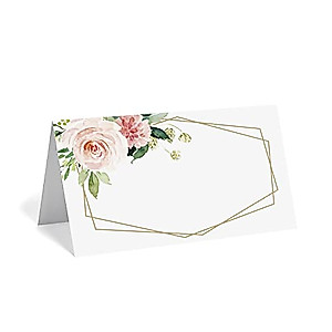 Bliss Collections Floral Place Cards for Wedding or Party, Seating Place Cards for Tables, Scored for Easy Folding, Blush, Coral and Greenery Geometric Flower Design, 50 Pack 2 x 3.5 Inches
