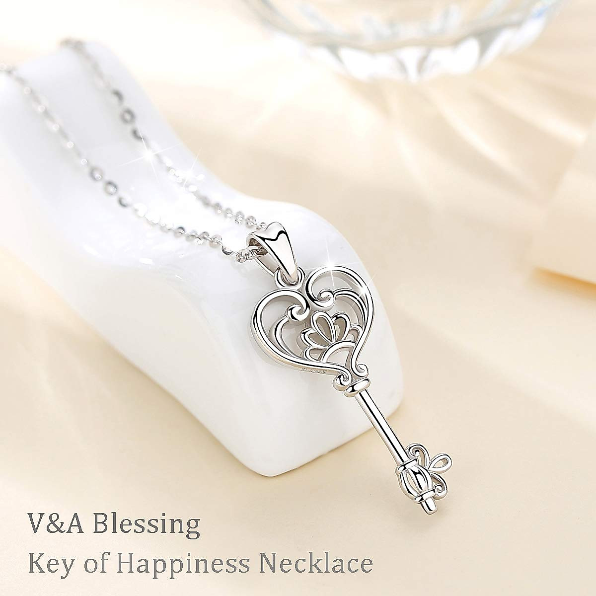 EUDORA Sterling Silver Necklace V&A Bless Key of Happiness Pendant 18 inch, Gift to Friends Women