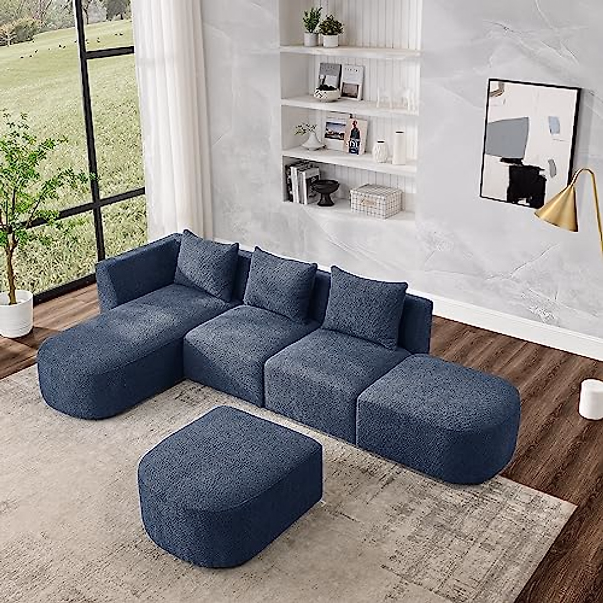 EMKK Modular Sectional Sofa L Shaped Couch with Left Side Chaise and Ottoman, DIY Combination, Loop Yarn Fabric,Living Room Furniture Sets Sofá w/ 3 Pillows