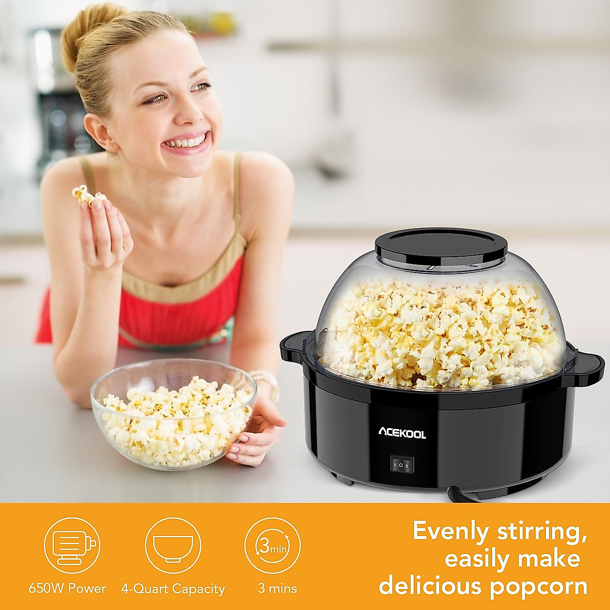 Stir Popcorn Popper, Electric Hot oil Popcorn Popper Maker with Nonstick Plate and Clear Bowl, Popcorn Machine 10-Cup Great for Home Party Kids