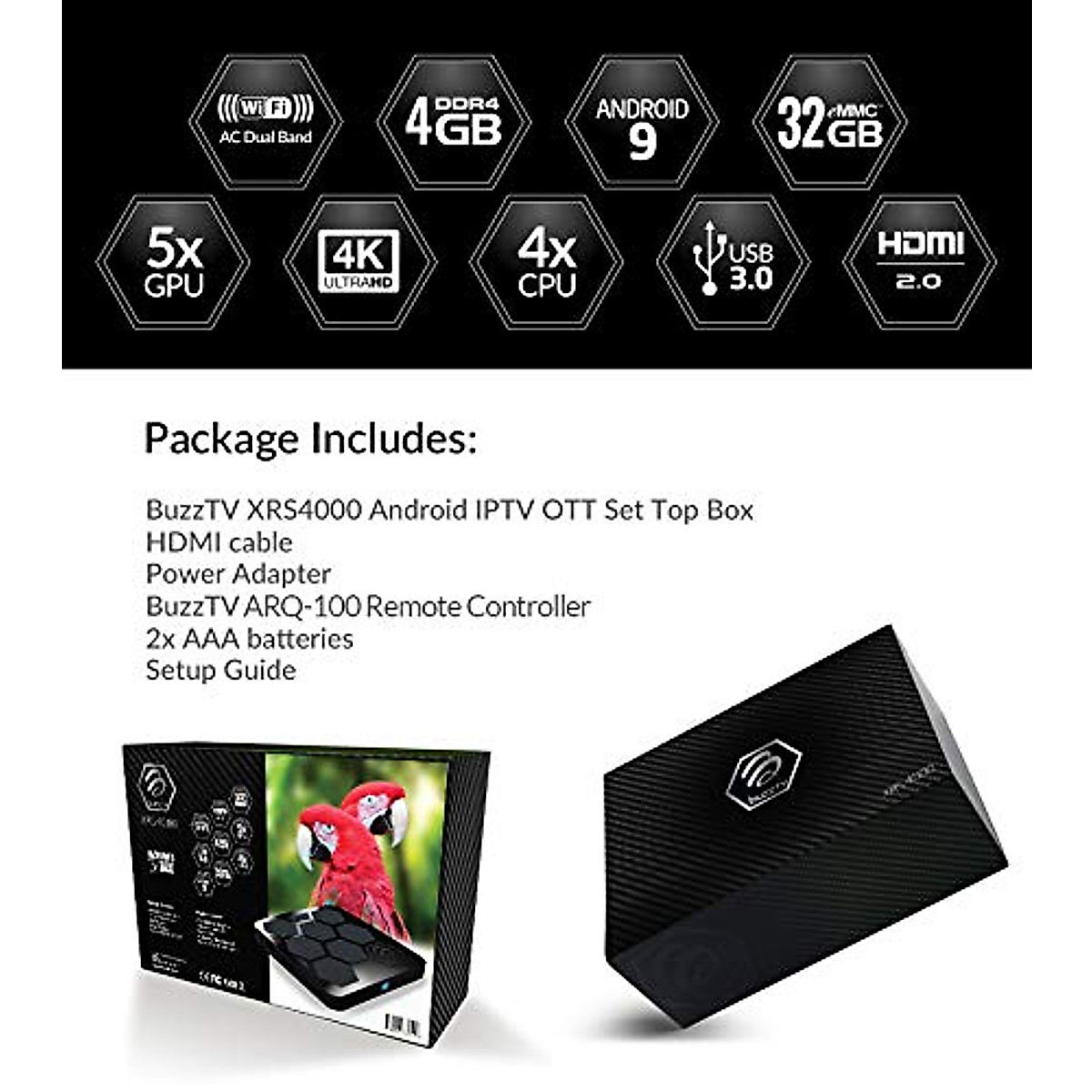 BuzzTV XRS4000 & ARQ100 Bundle - Android 9.0 IPTV Set-Top Box - Faster Than Ever Before - 4K Ultra HD - 4GB RAM 32GB Storage - Latest Graphics Process