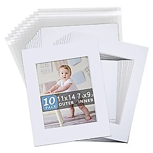 Somime 10 Pack White Photo Mats 11x14 for 8x10 with Core Bevel Cut Matte Sets, Acid Free Mat Board for Picture Frame, Photos, 11x14 Mat - Includes Pre-Cut Mats, Backing Boards and Clear Seal Bags
